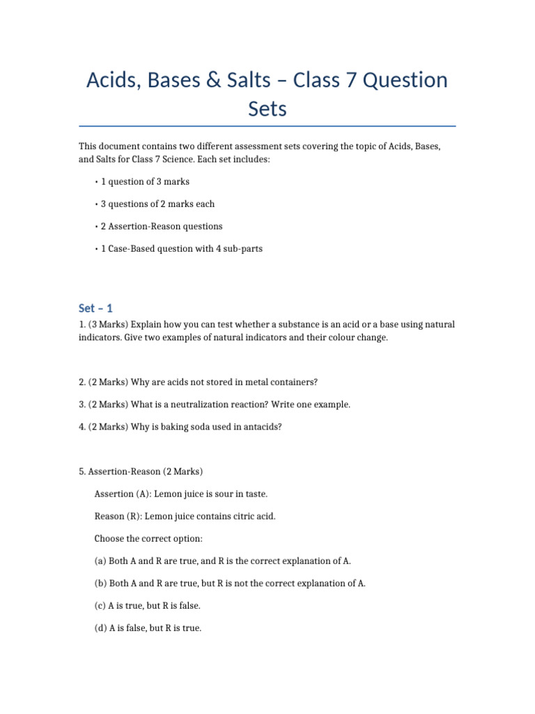 Class7 Acids Bases Salts Question Sets | PDF | Acid | Sodium Bicarbonate