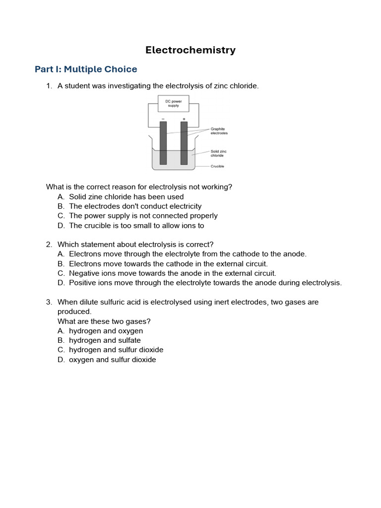 Electrolysis Concepts and Questions | PDF