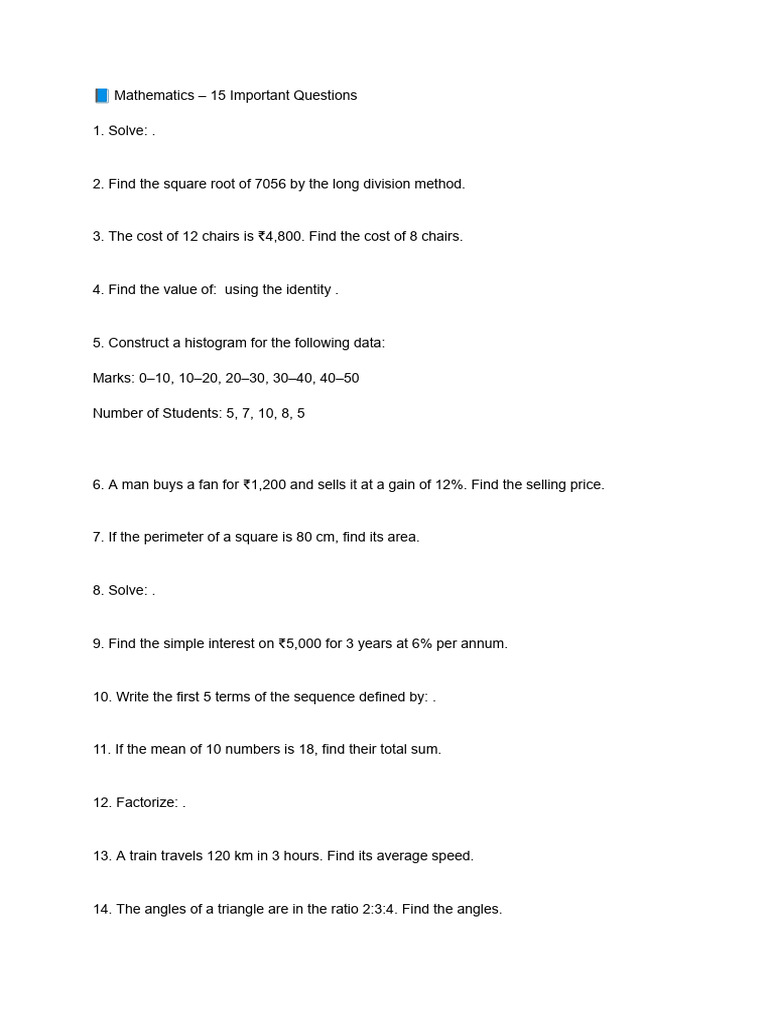 ? Mathematics - 15 Important Questions | PDF