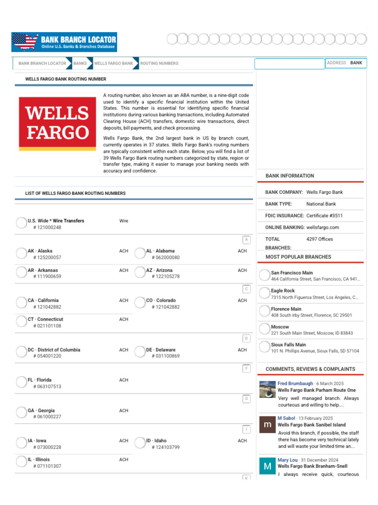 Wells Fargo Routing Numbers by State | PDF | Banks | Automated Clearing ...