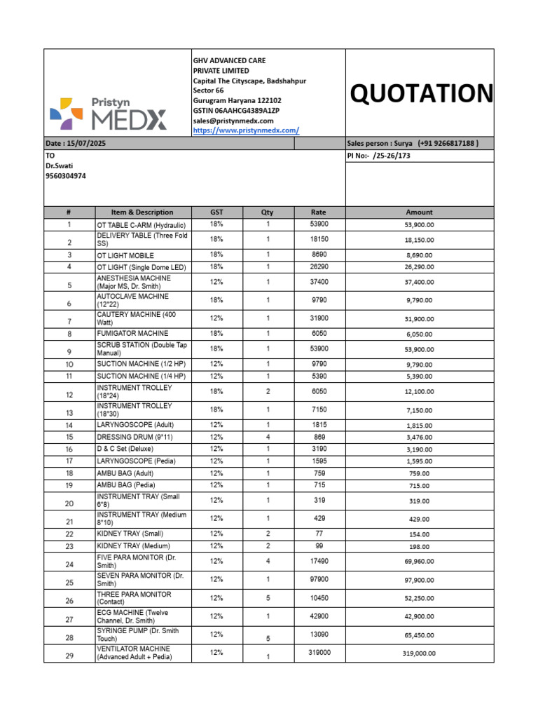 Quotation - Surya 25 - 173 | PDF | Medical Equipment