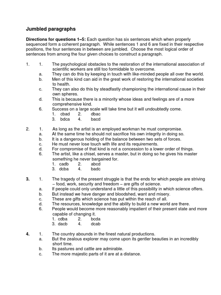 PDF Sentence Completion and Jumbled Paragraphs Worksheet | PDF