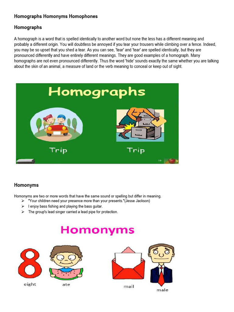 Homographs Homonyms Homophones | PDF