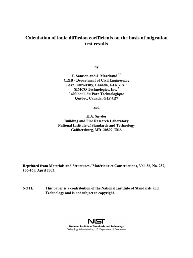Calculation of Ionic Diffusion Coefficients on the Basis of Migration | PDF | Diffusion ...