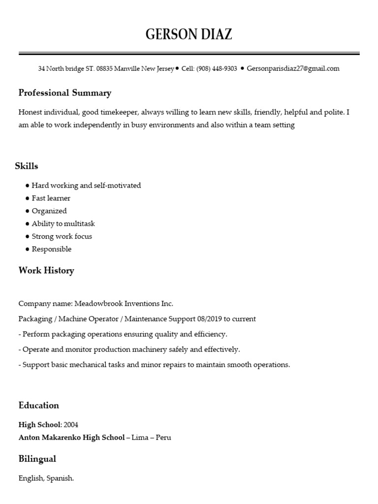 Gerson Diaz: Bilingual Machine Operator Resume | PDF