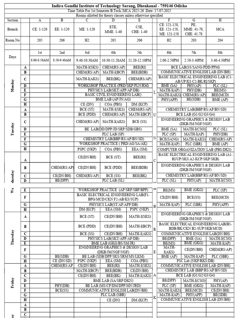 B.Tech/MCA 1st Semester Time Table 2025 | PDF | Physical Sciences
