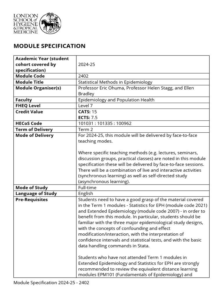 Module Specification | PDF | Epidemiology | Statistics