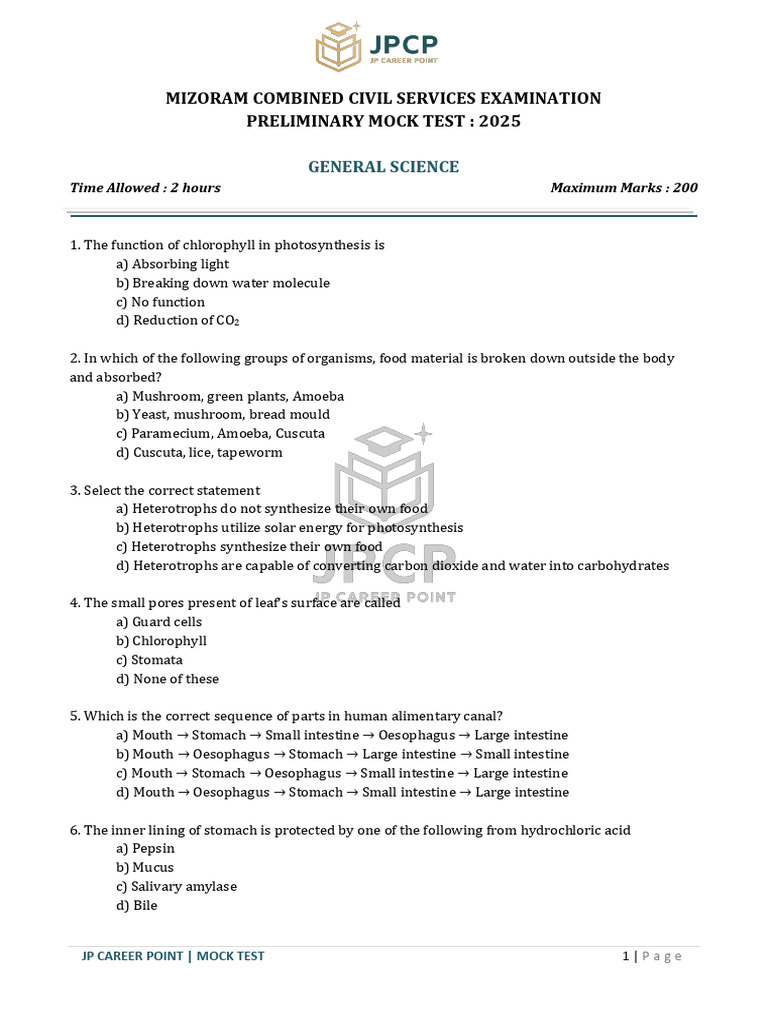 Mizoram Civil Services Mock Test 2025 | PDF | Respiratory System | Lung