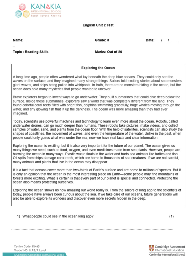 English Unit 2 Test: Exploring The Ocean | PDF | Sea | Oceans