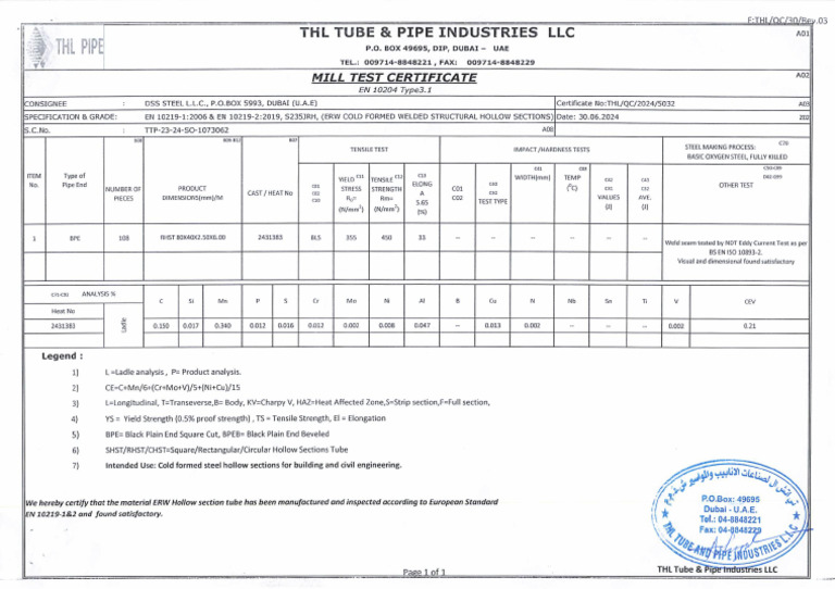 RHS 80X40X2.5MMX6MTR - Grade.s235jrh.h.t No.2431383.sc No.1073062.mtc ...