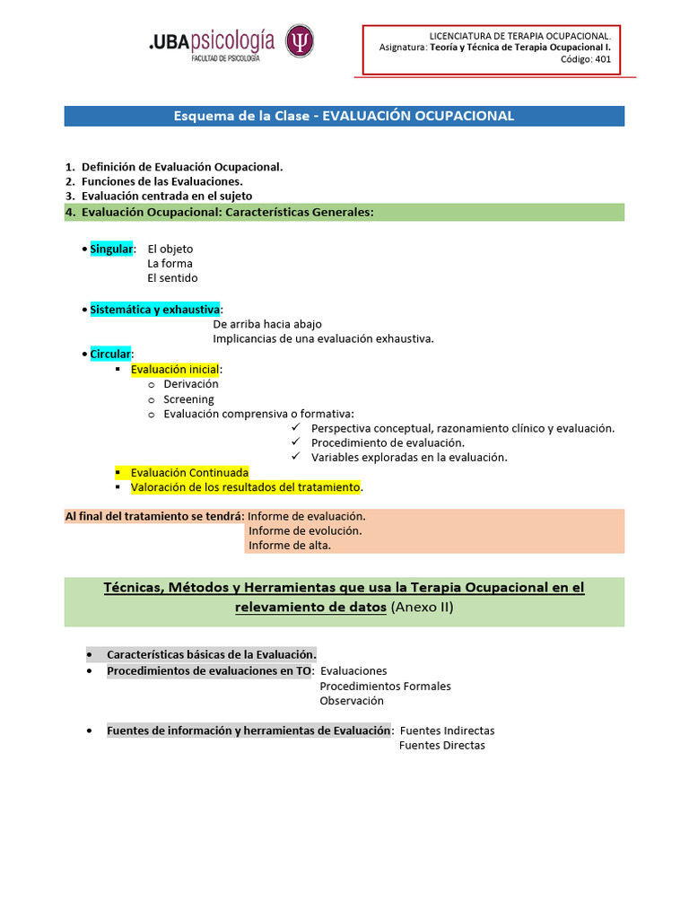 Esquema de La Clase Evaluación Ocupacional | PDF