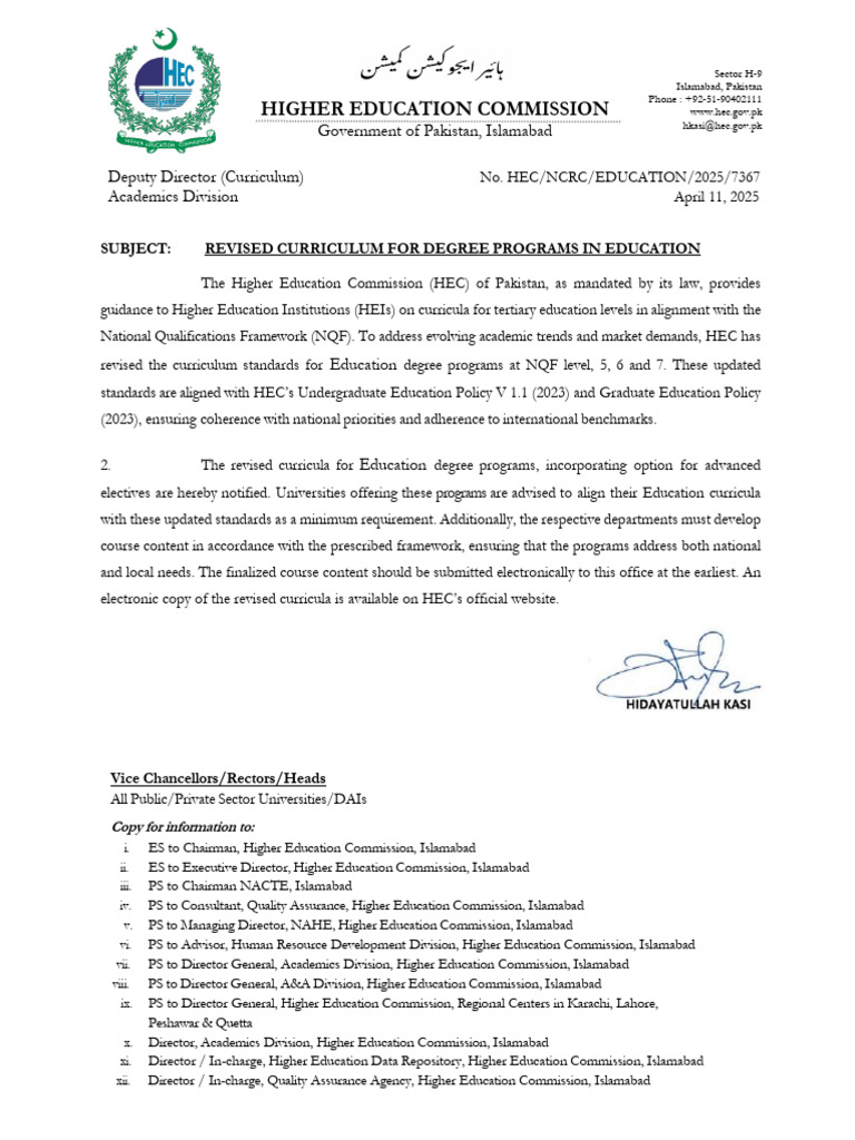HEC Revised Education Curriculum 2025 | PDF | Bachelor's Degree | Teachers