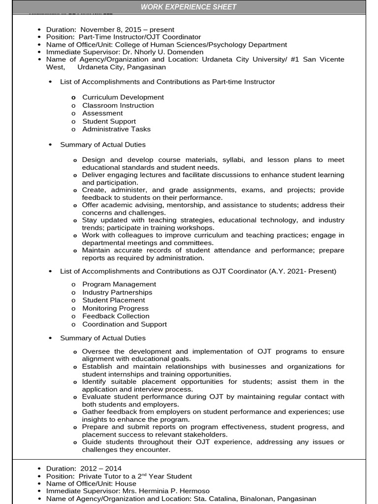 CS Form No. 212 Attachment - Work Experience Sheet | PDF