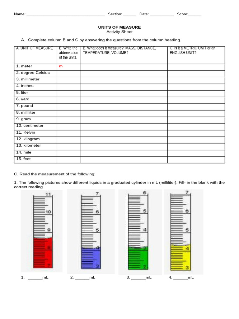 Units of Measure Activity Sheet | PDF | Litre | Volume