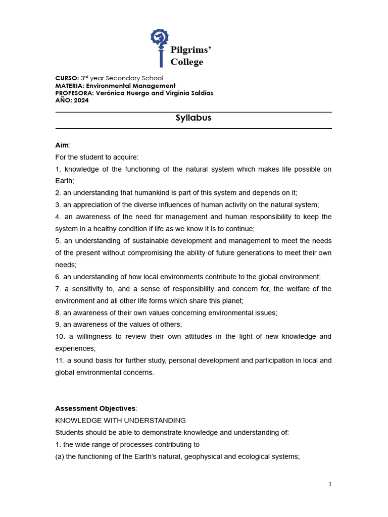 Environmental Management Syllabus 2024 | PDF | Inquiry | Environmental ...