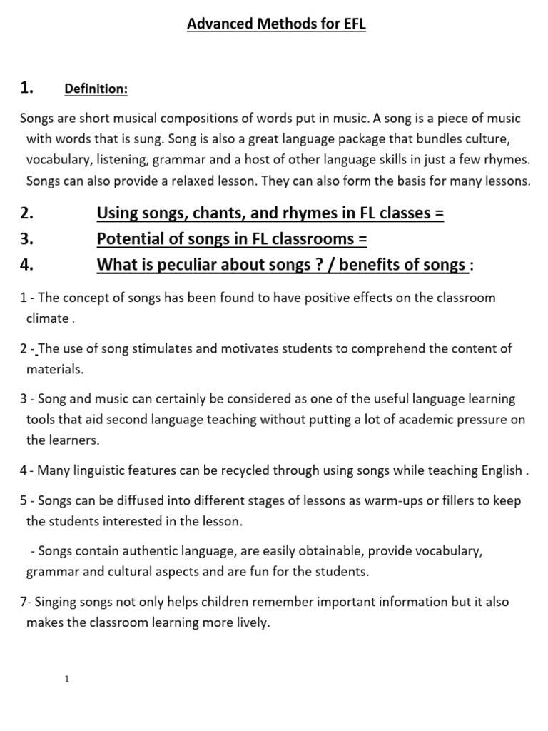 Advanced Methods For EFL - Songs Edited | PDF | Learning | English As A ...