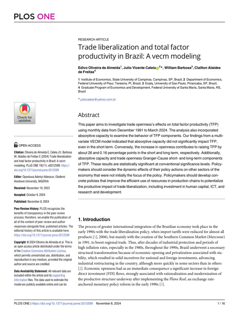 Trade Liberalization's Impact on TFP in Brazil | PDF | Vector ...