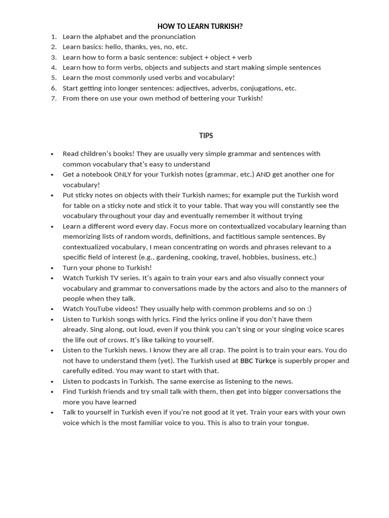 Effective Turkish Learning Guide | PDF | Subject (Grammar) | Vocabulary