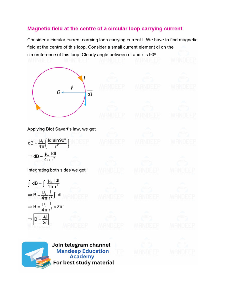Magnetic Field at The Centre of A Circular Loop Carrying Current | PDF