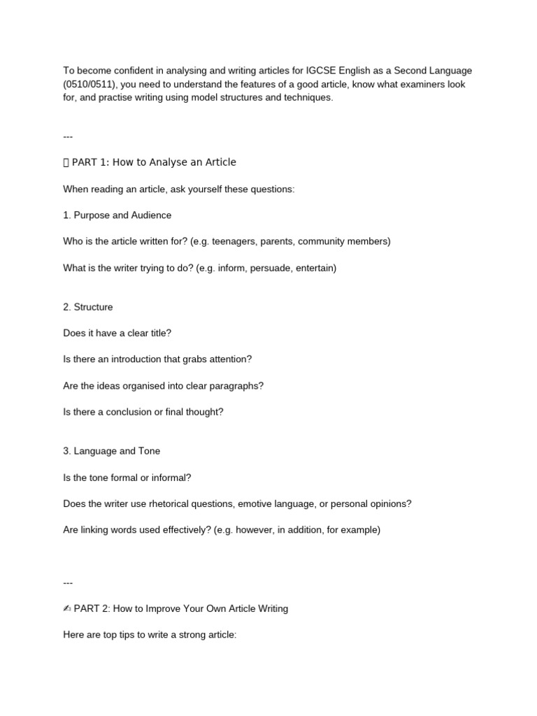 Mastering IGCSE Article Writing Skills | PDF | Homework | Psychology