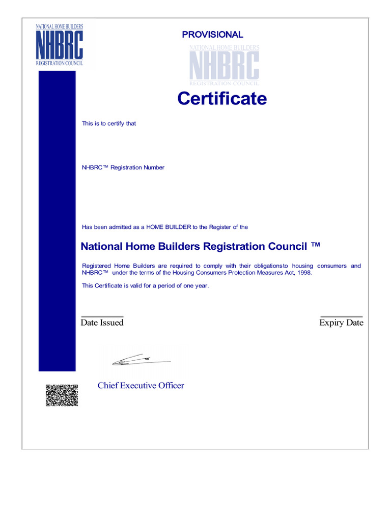 NHBRC Home Builder Registration Certificate | PDF