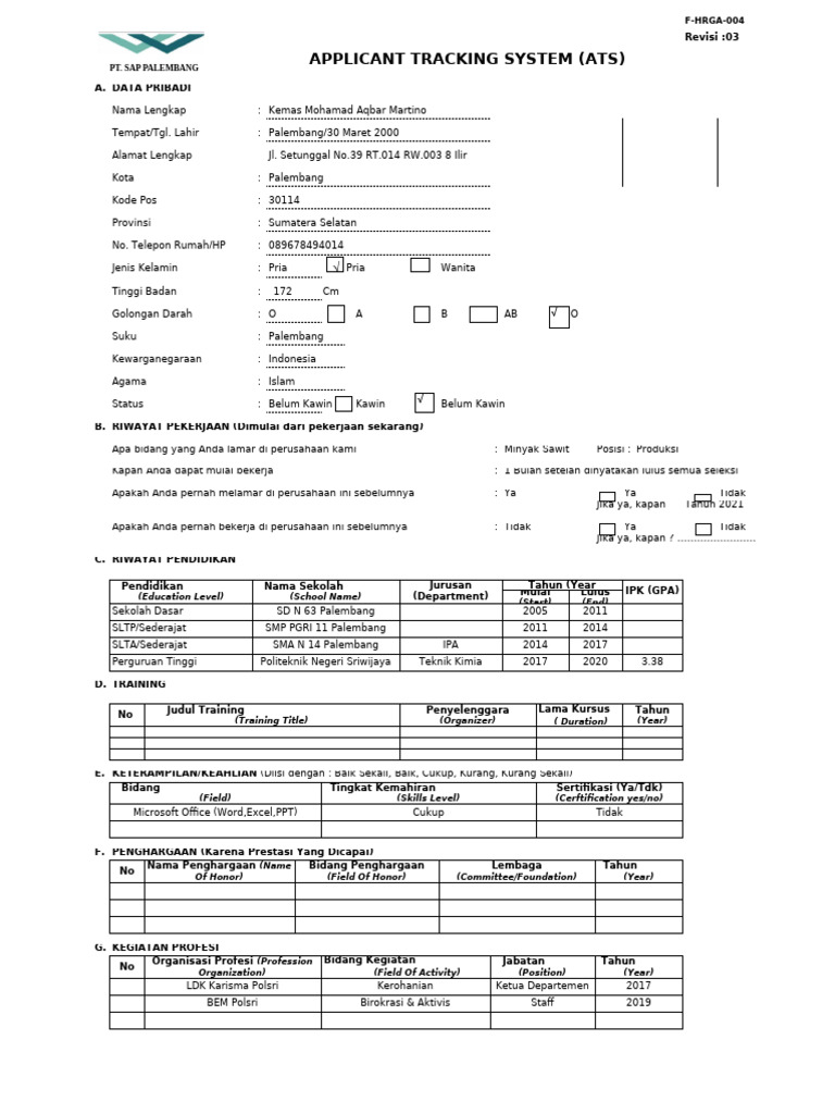 Formulir Data Pribadi Pelamar ATS | PDF