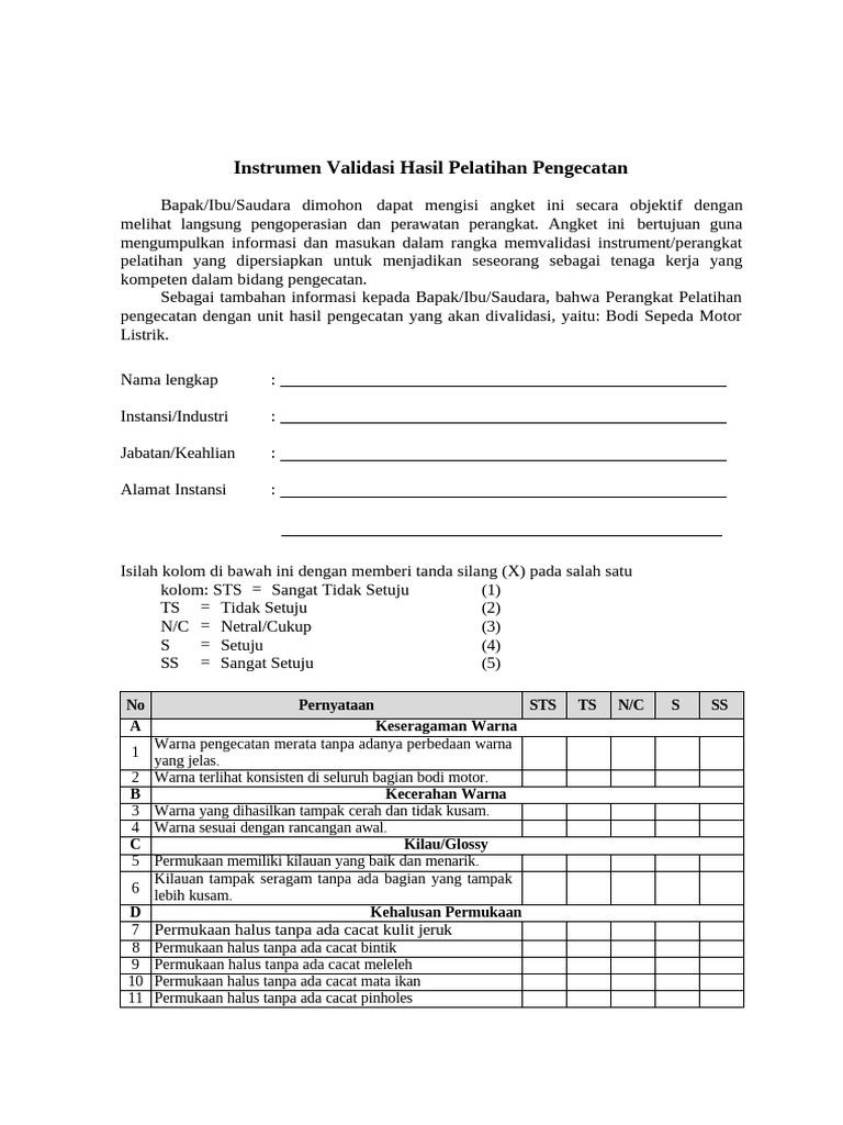 Instrumen Validasi Hasil Pelatihan Pengecatan | PDF
