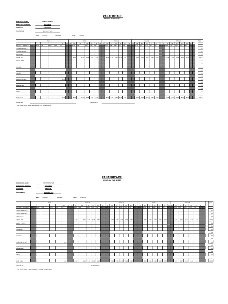 November 2024 Employee Time Sheets | PDF | Employee Relations | Labor ...