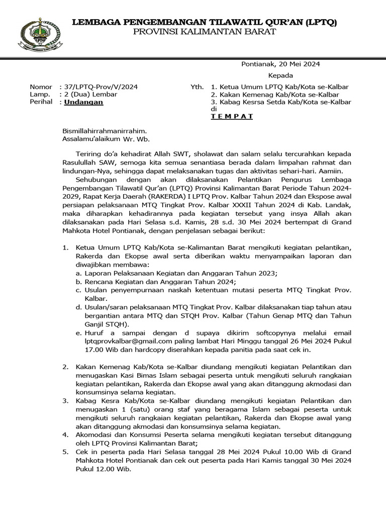 Undangan Rakerda LPTQ Kalbar 2024 | PDF