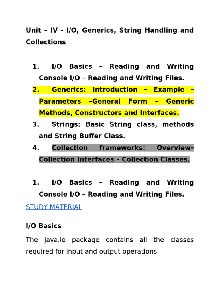 Unit - IV - I - O, Generics, String Handling and Collections | PDF | Class (Computer Programming ...