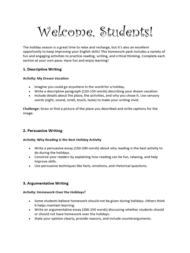 English Holiday Homework Activities | PDF | Essays | Human Communication