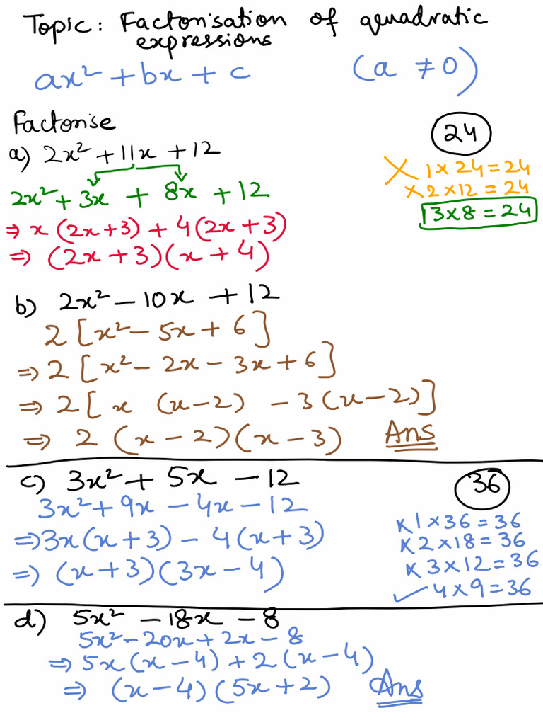 Algebra (Factorisation of Quadratic Expressions (Part 2) ) | PDF