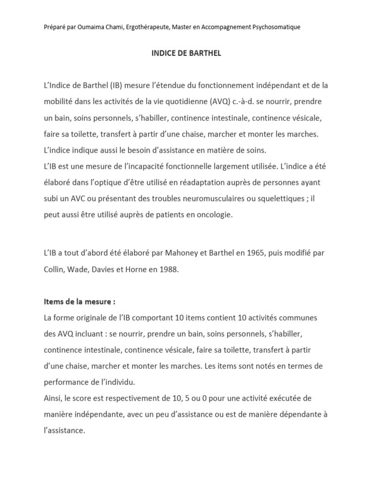 Indice de Barthel : Évaluation de l'Autonomie | PDF