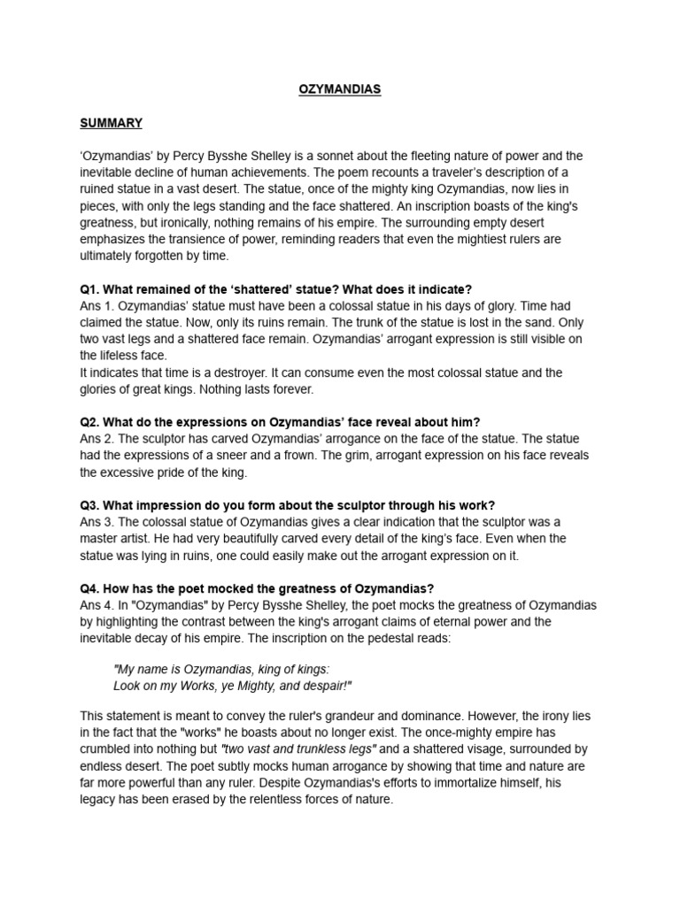 Ozymandias Question and Answers | PDF | Stanzaic Form | Composition ...