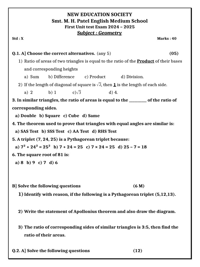 Geometry Unit Test Exam 2024 25 Pdf Triangle Ratio