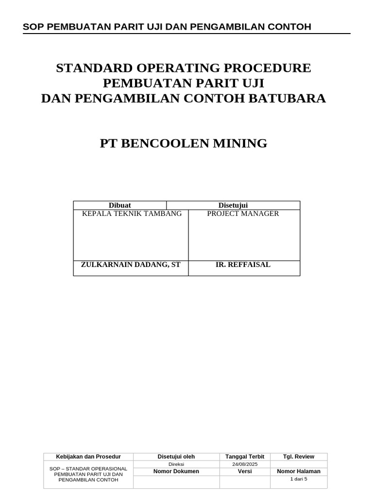 SOP Pembuatan Parit Uji Batubara | PDF