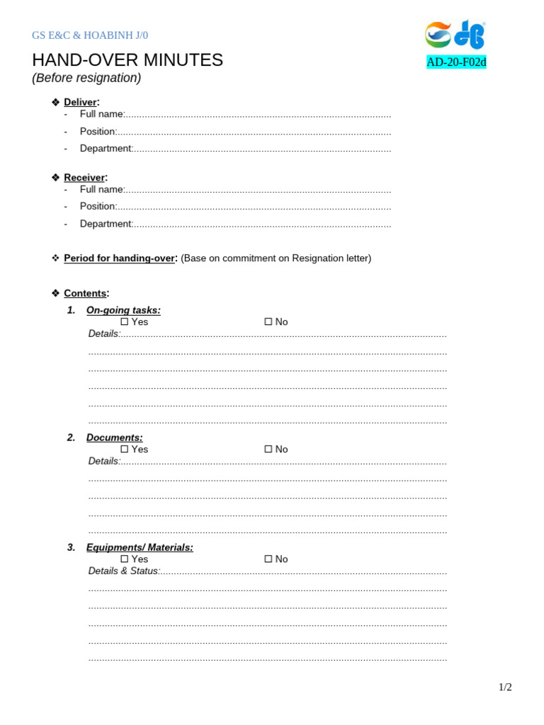 GS E&C Hand-Over Minutes Template | PDF | Chess Theory | Chess Openings