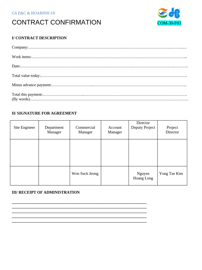 COM-30-F03 - Confirmation For Contract | PDF