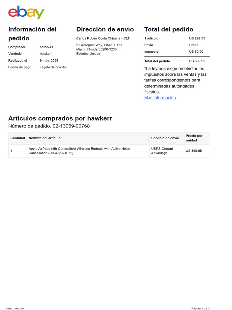 Detalles Del Pedido - EBay. AIRPODS | PDF