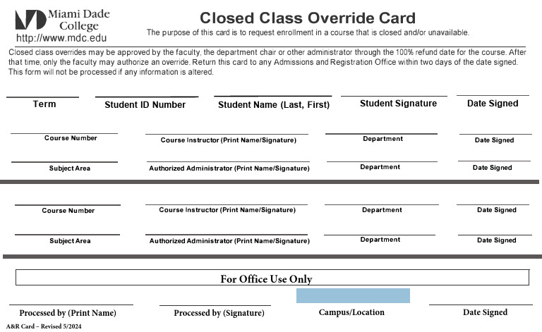 Closed Class Override Card | PDF