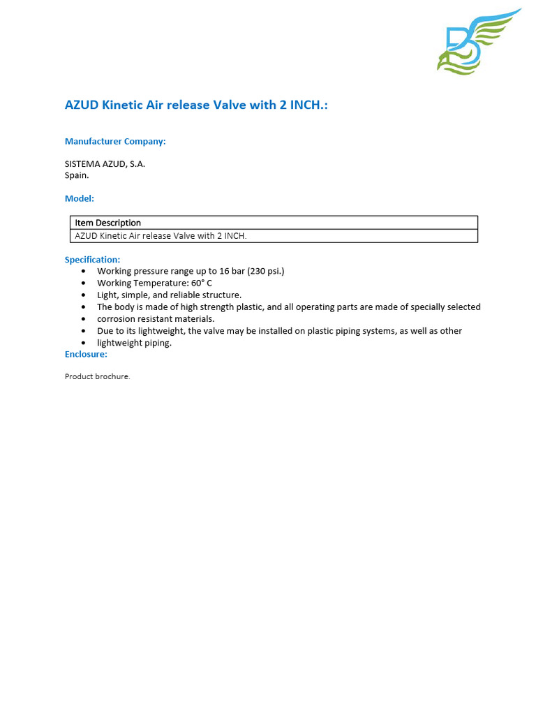 AZUD 2-Inch Kinetic Air Release Valve | PDF
