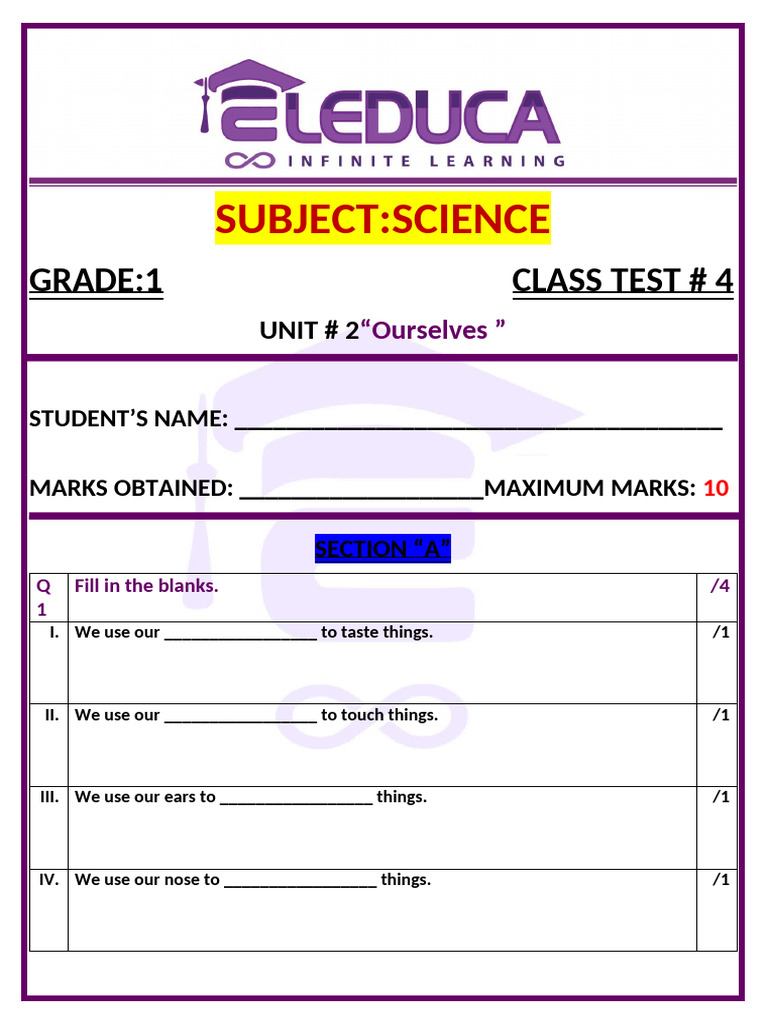 Grade 1 Sci Test 4 | PDF