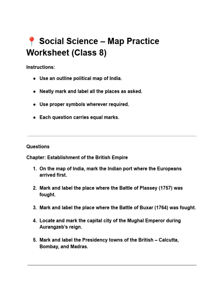 Class 8 Map Practice Worksheet | PDF | Indian Rebellion Of 1857