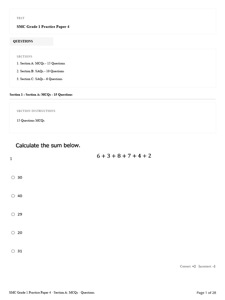 SMC Grade 1 Practice Paper 4 | PDF | Multiple Choice | Scientific Method