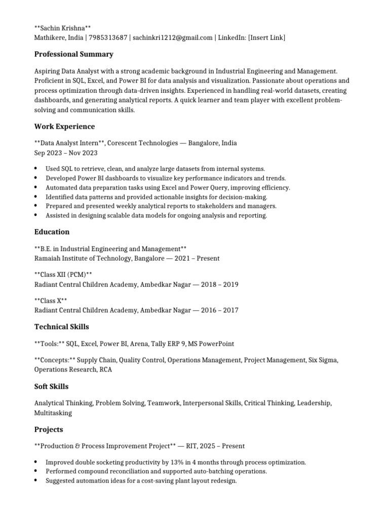 Sachin Krishna Data Analyst Resume | PDF | Data Analysis | Data