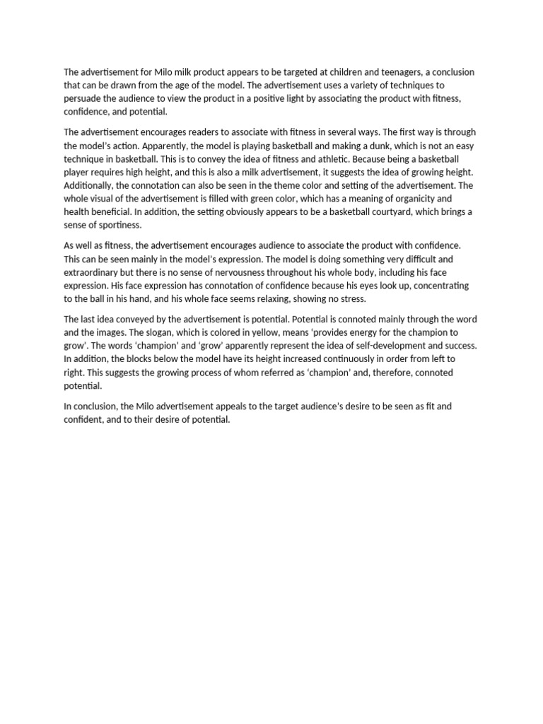 Milo Ad Analysis: Fitness & Confidence | PDF
