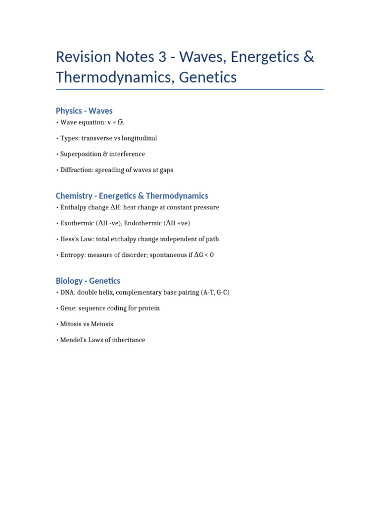 Revision Notes 3 - Waves, Energetics & Thermodynamics, Genetics | PDF