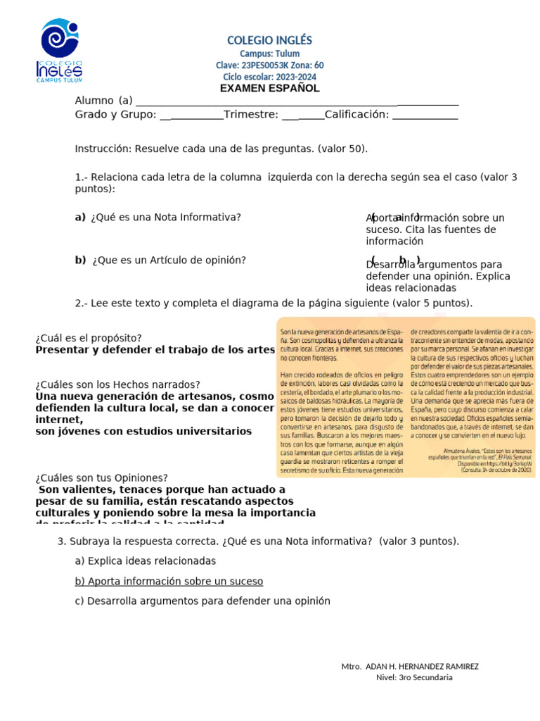 Examen Español 3 SEC (Respuestas) | PDF