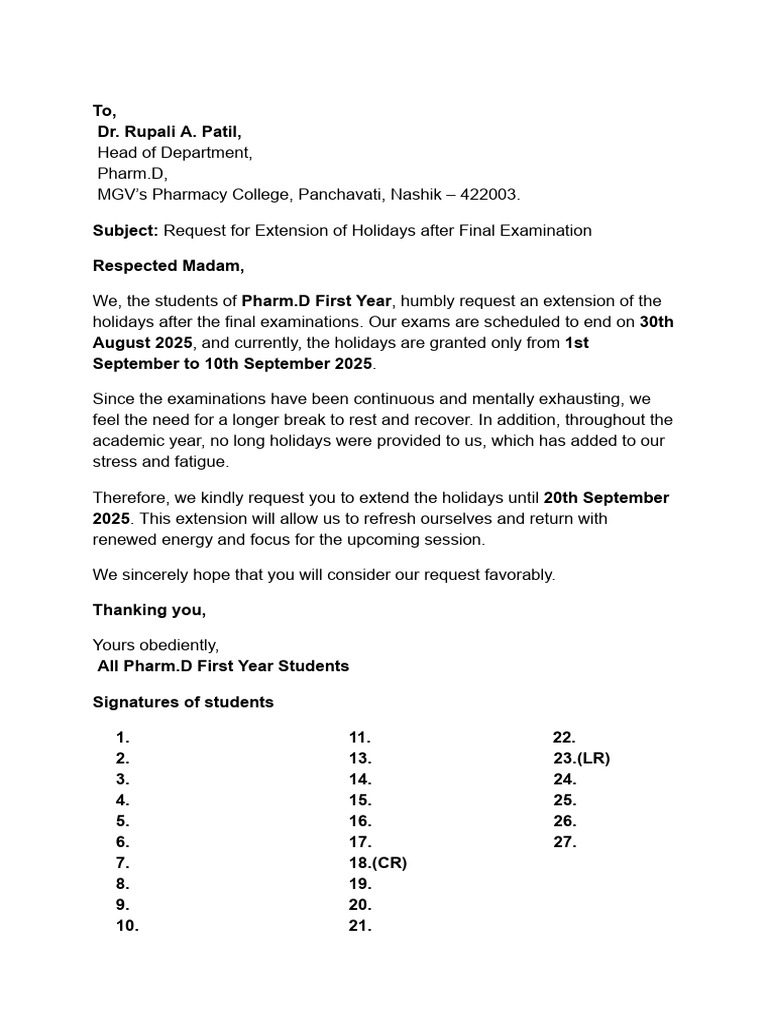 Request for Holiday Extension for Pharm.D Students | PDF