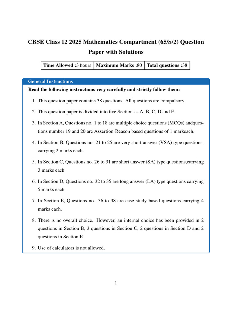 Cbse Class 12 Mathematics Compartment Question Paper With Solution ...